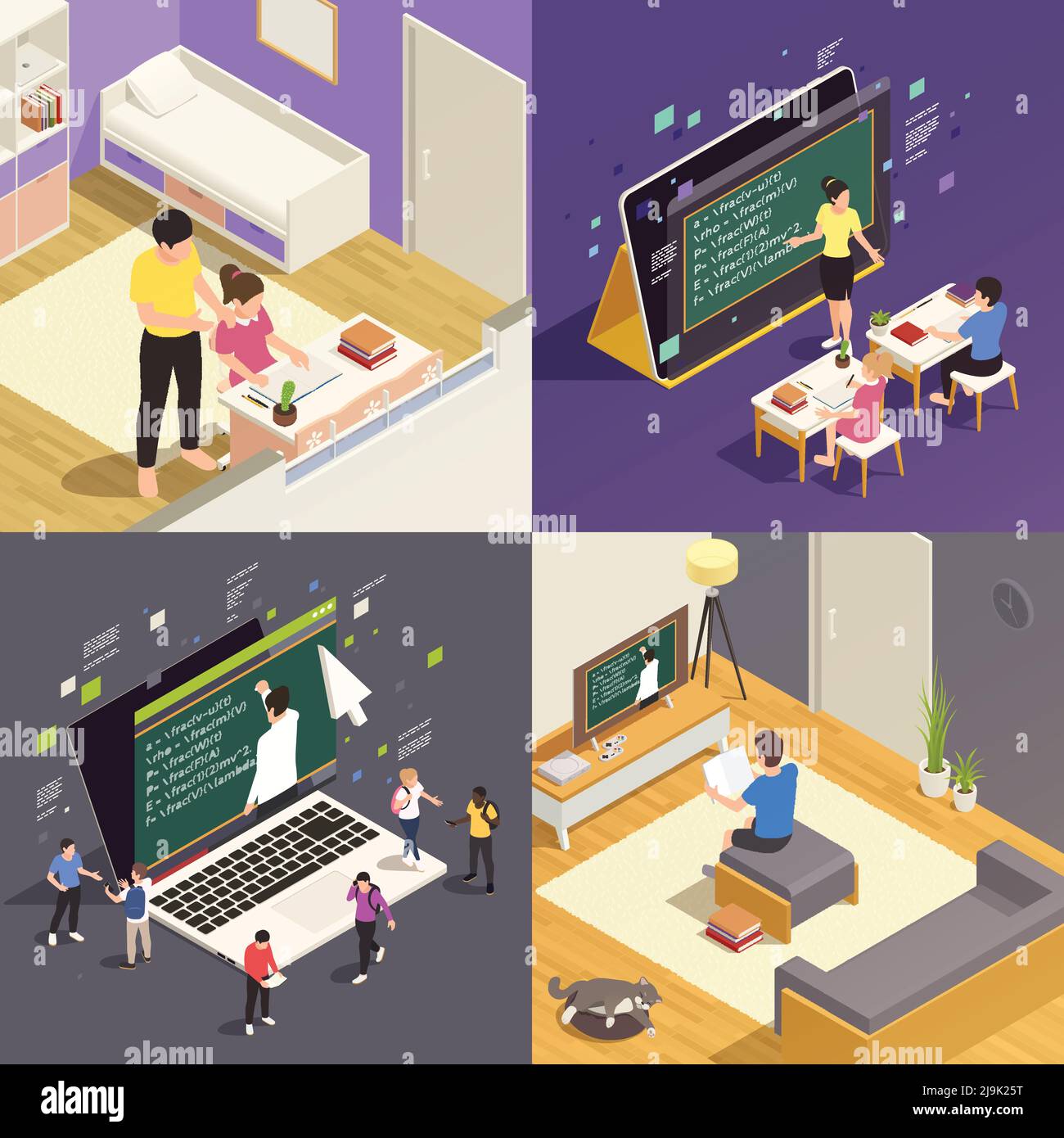 Online education 2x2 isometric design concept with children studying in ...