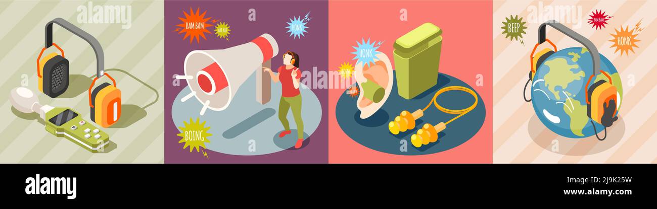 Noise pollution isometric design concept with 4x1 set of compositions ...