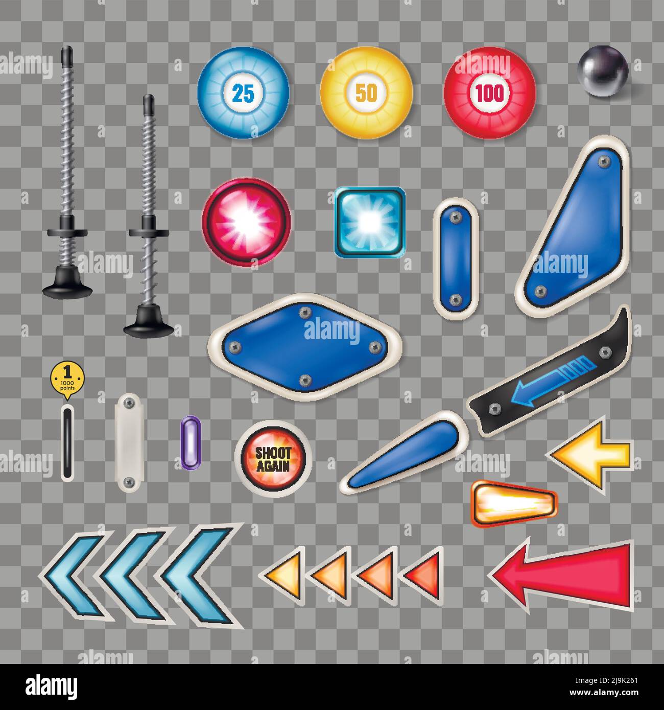 Pinball machine parts realistic collection with steel ball plunger ...