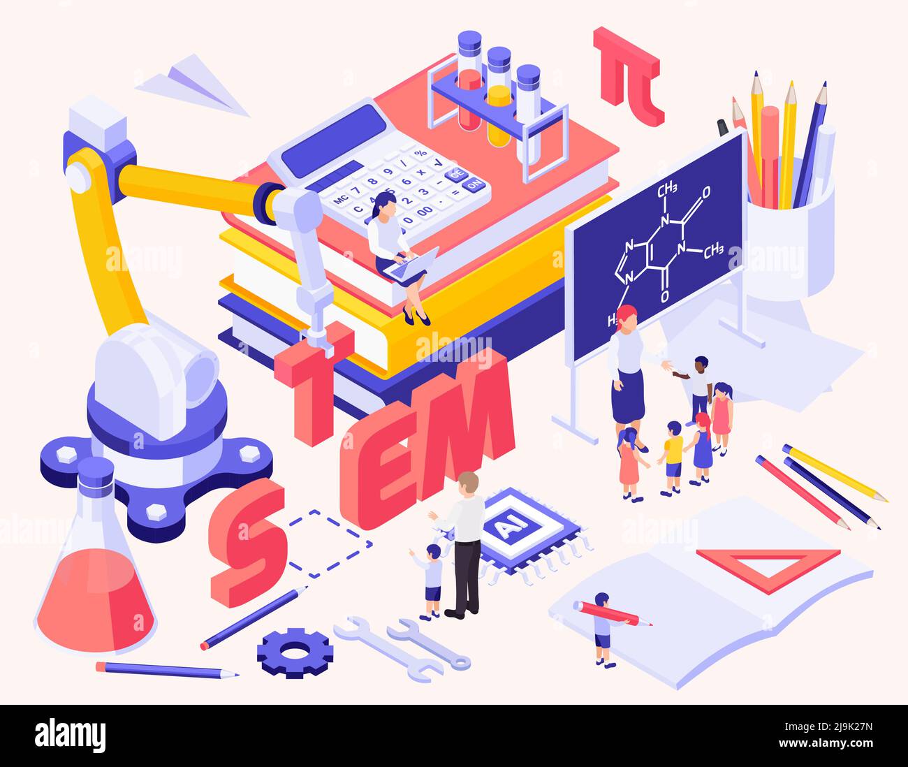 STEM education isometric background with stationery items calculator ...