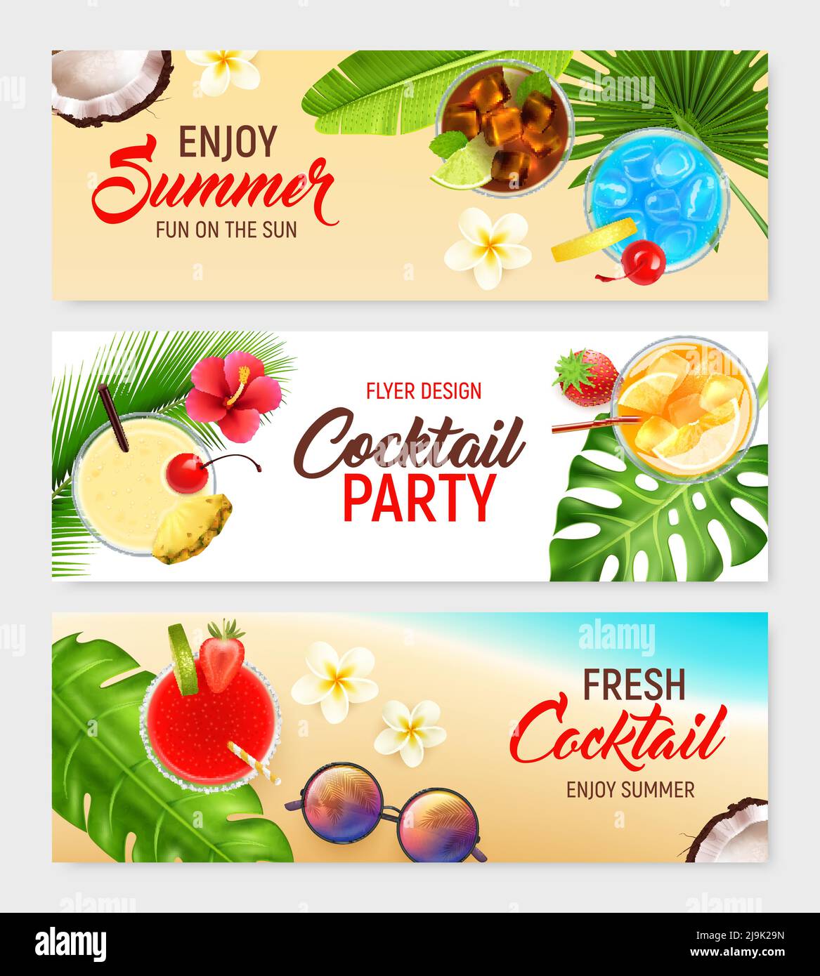 Cocktails top view horizontal banners set with cocktail party symbols ...