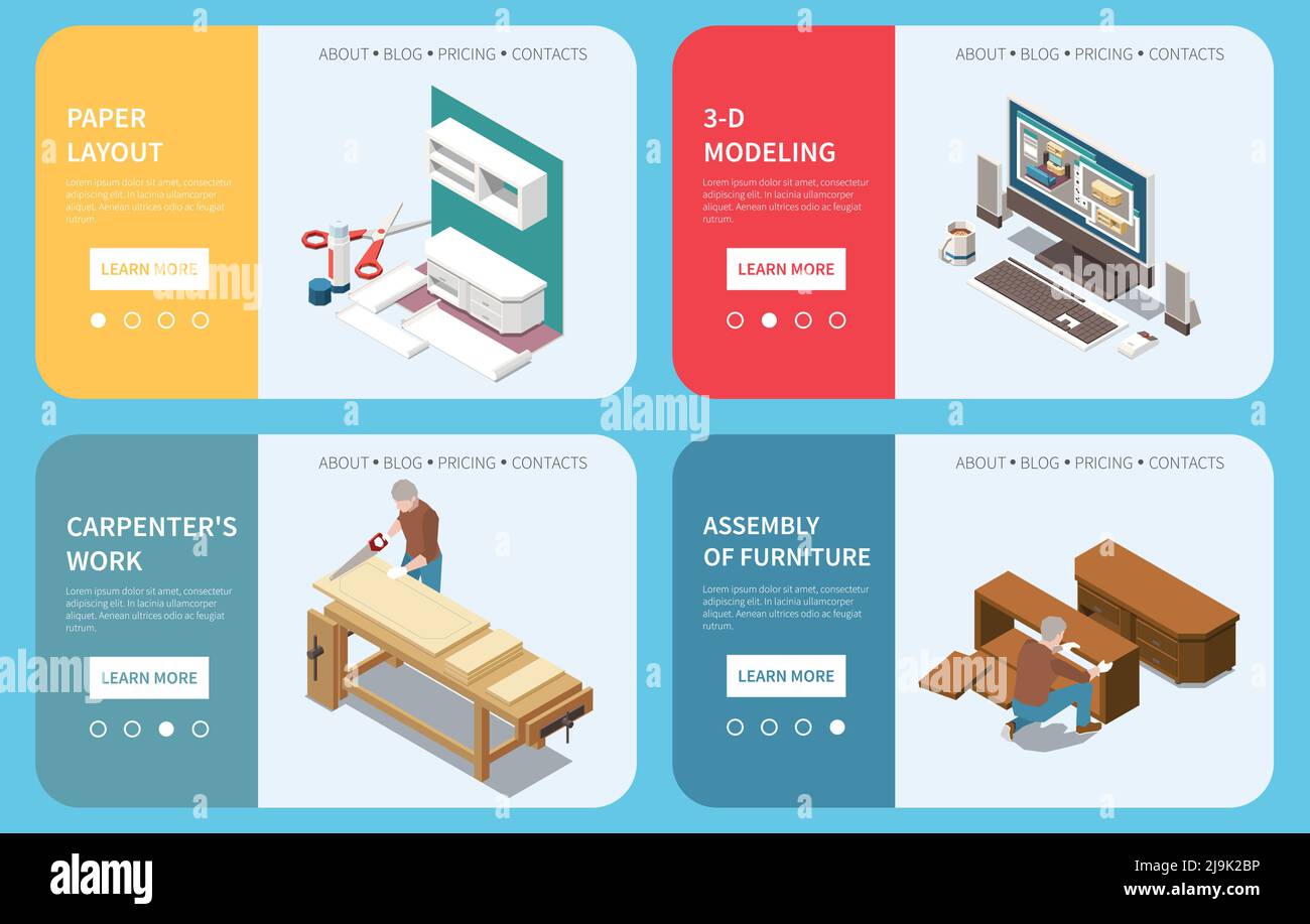 Carpentry production 4 isometric web banners with paper layout 3d ...
