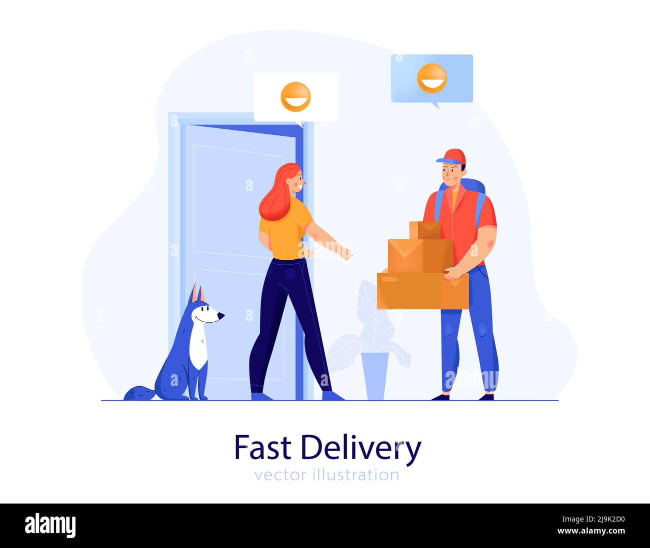 Fast delivery service man giving boxes to customer flat vector ...