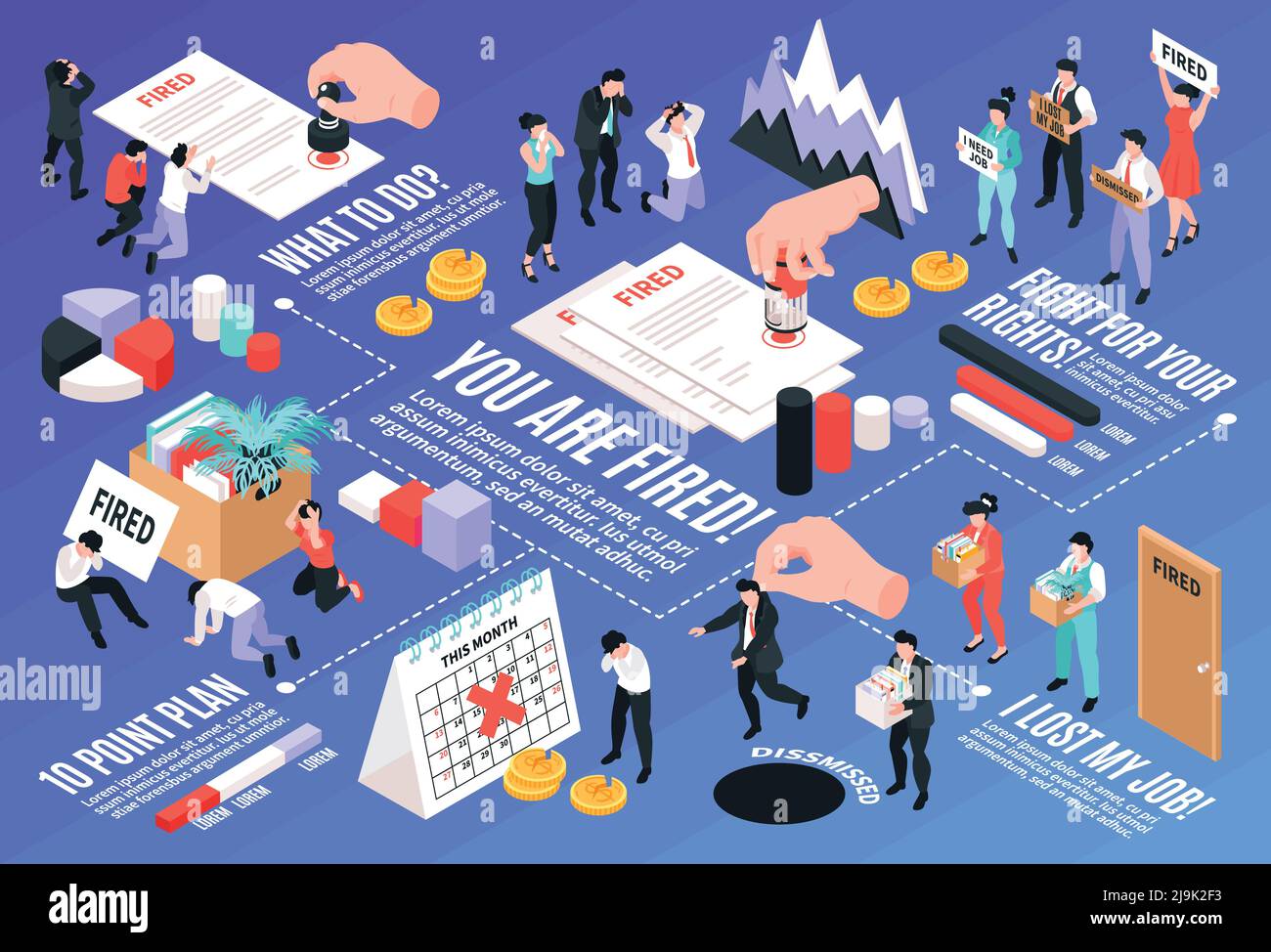 Isometric dismissal horizontal composition with flowchart of isolated ...