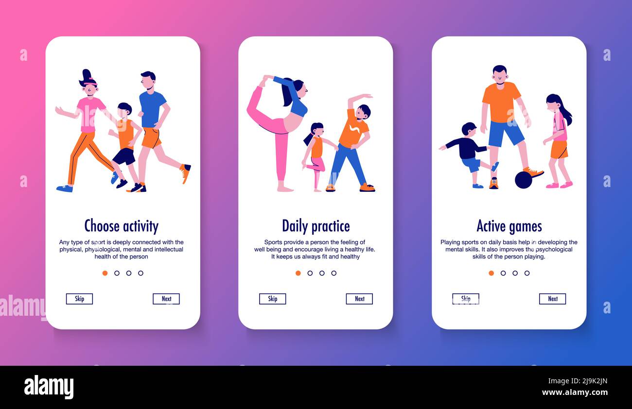 Family sport set of three vertical banners with human characters ...