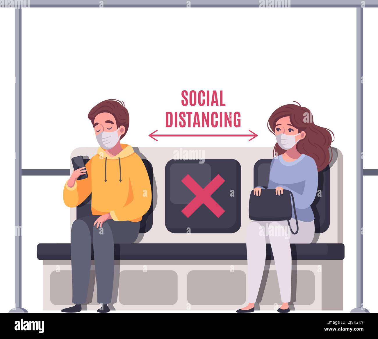 Social distancing cartoon concept with two passengers in masks in metro ...