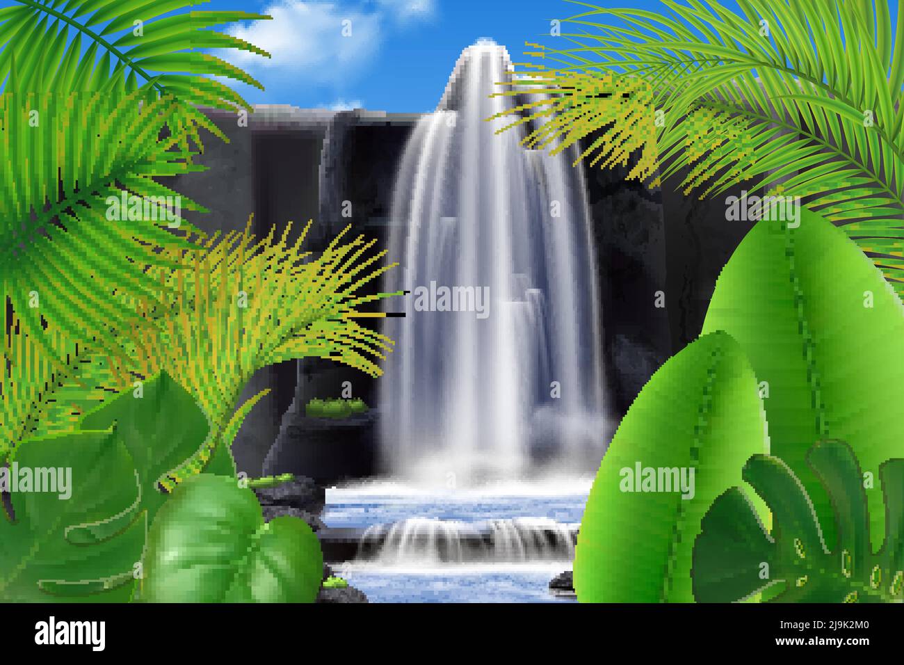 Tropical Waterfalls With Flowers