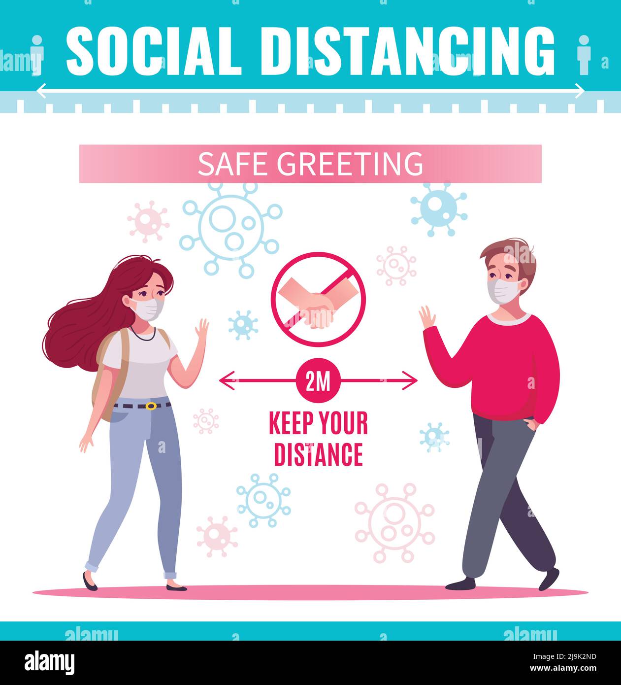 Social distancing infographic poster with two people in masks greeting ...