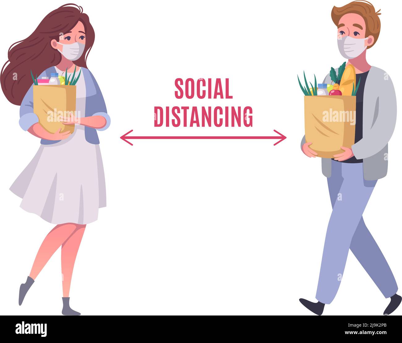Social distancing in supermarket with two customers in masks cartoon ...
