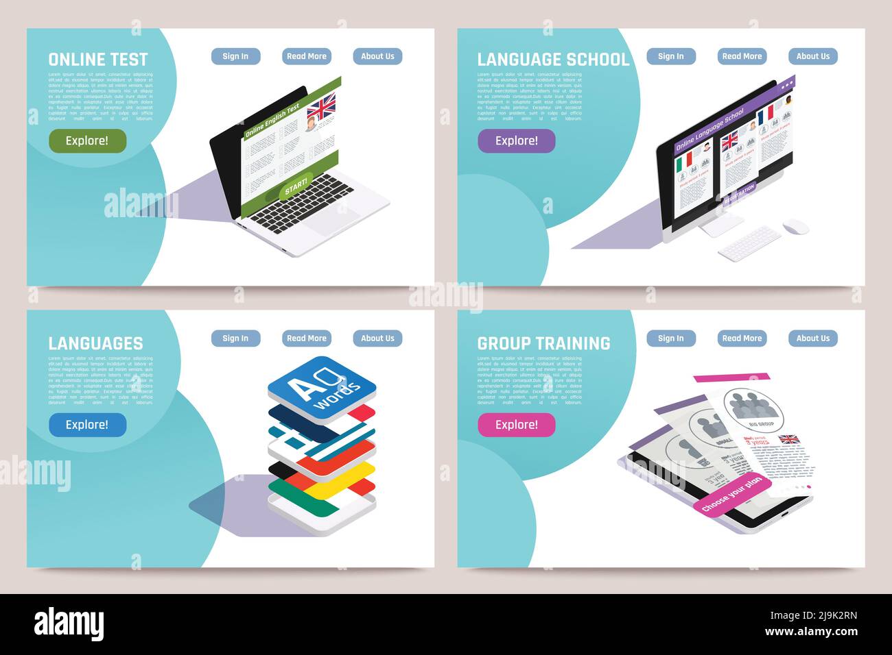 Foreign language learning concept 4 isometric web pages set with online ...