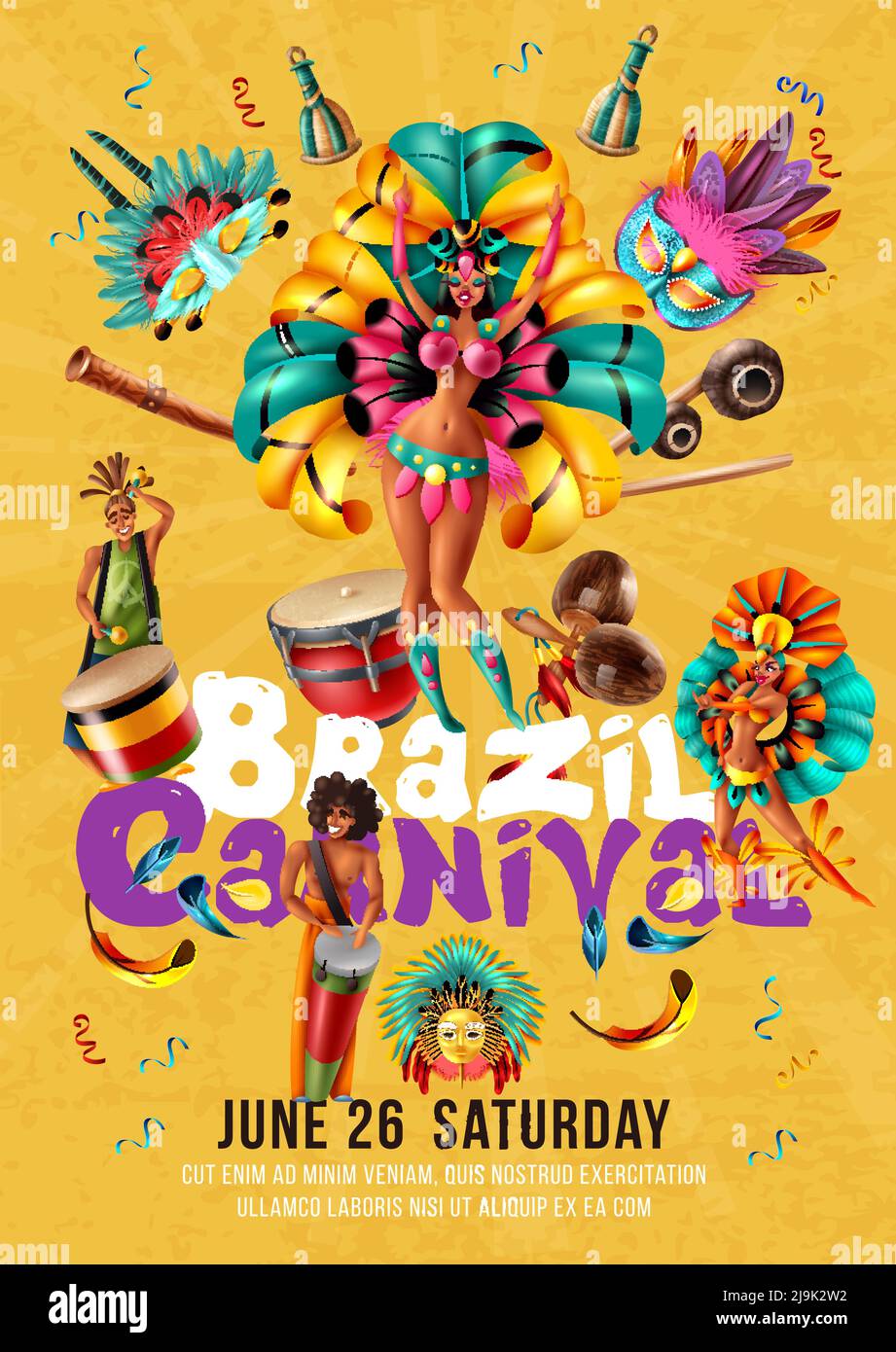 Brazil carnival invitation poster with dancers musicians masks ...
