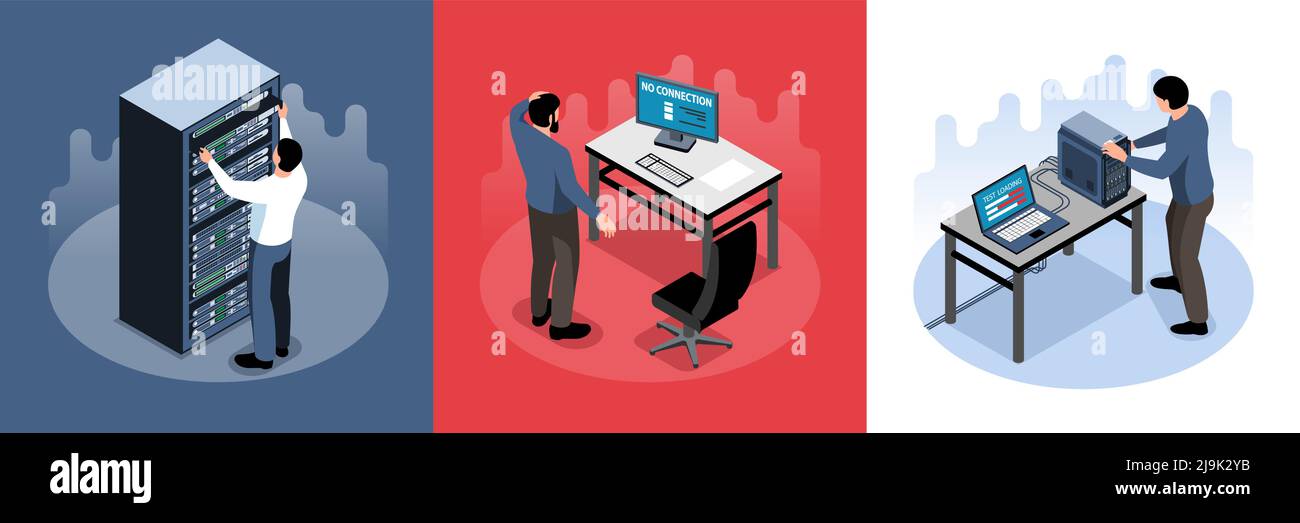 Male sysadmin working with computer hardware isometric design concept ...