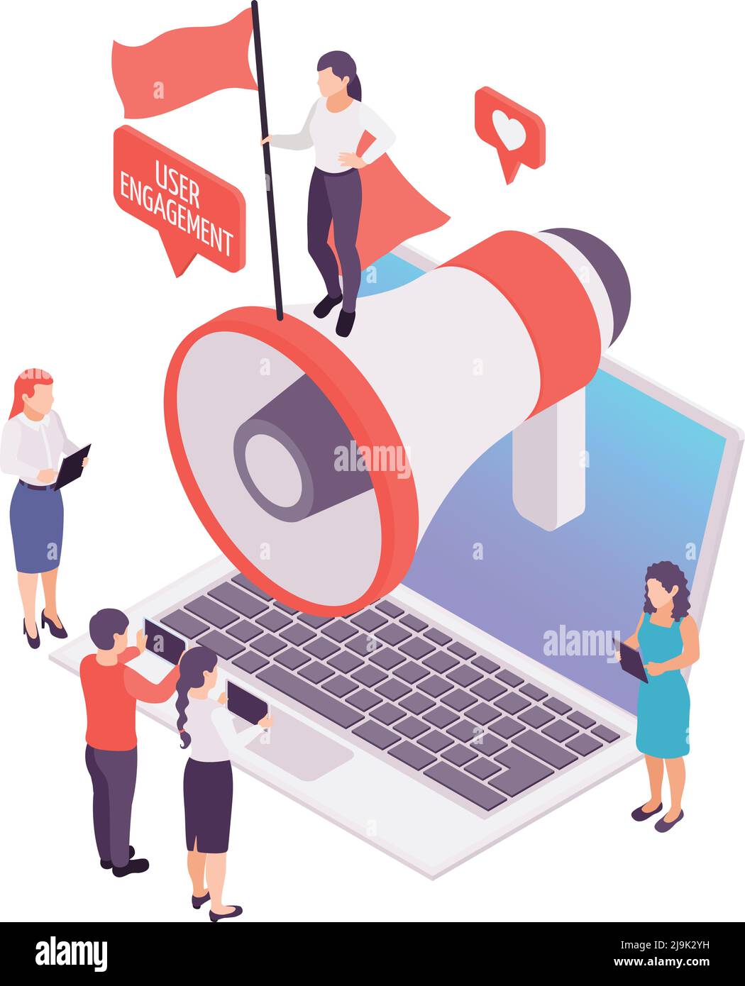 Blogging user engagement isometric concept with megaphone and people 3d ...