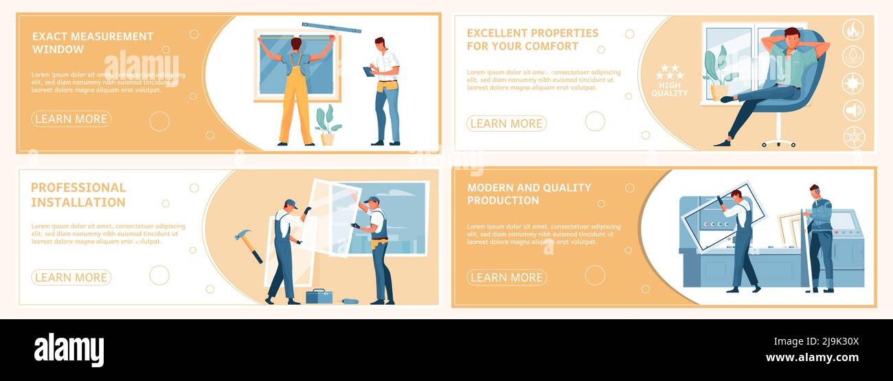 Installation of new modern plastic windows flat banners set isolated ...