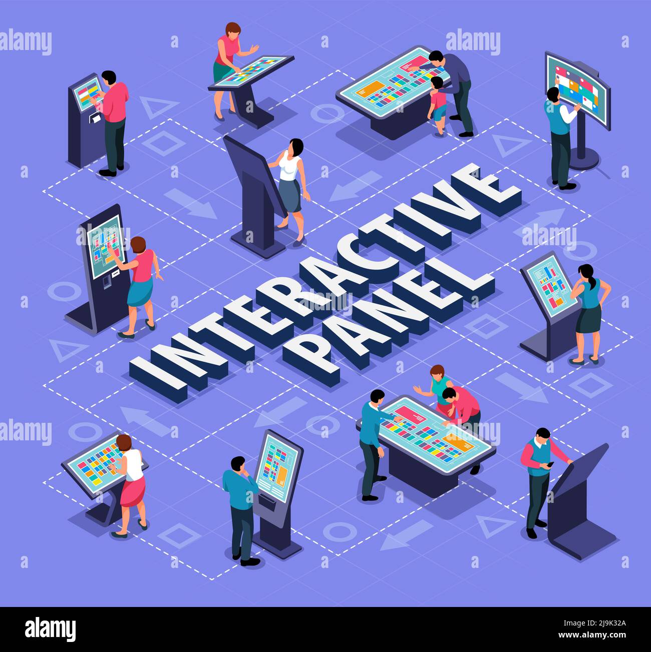 Isometric flowchart with people using interactive touch screen panel in ...