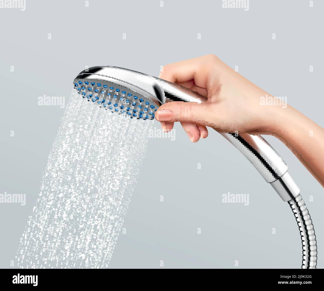 Shower head with falling water in human hand realistic background ...