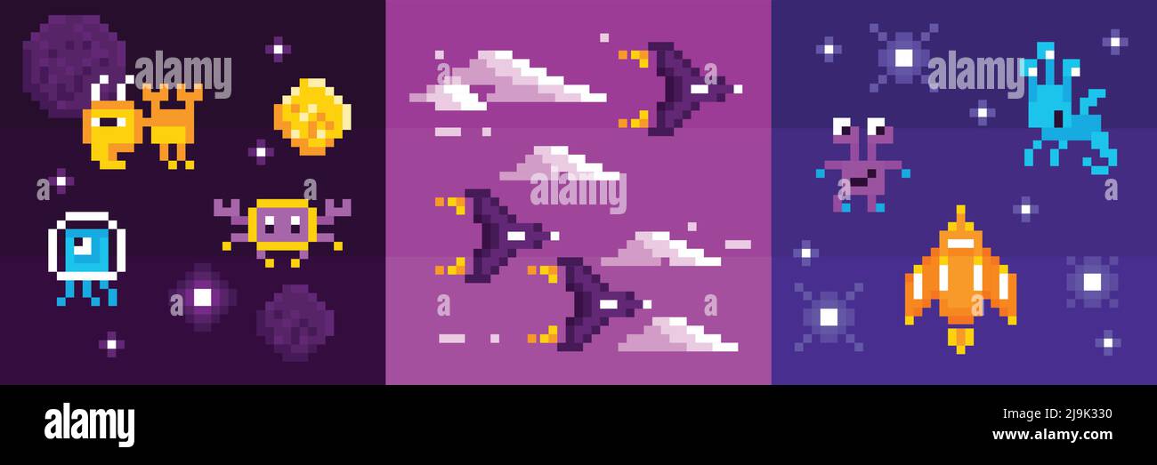 Arcade computer game design concept with square compositions of space ...