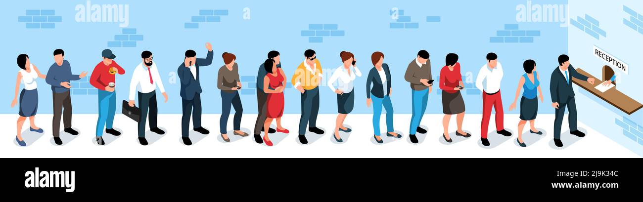 Men and women standing in long queue at reception 3d isometric vector ...
