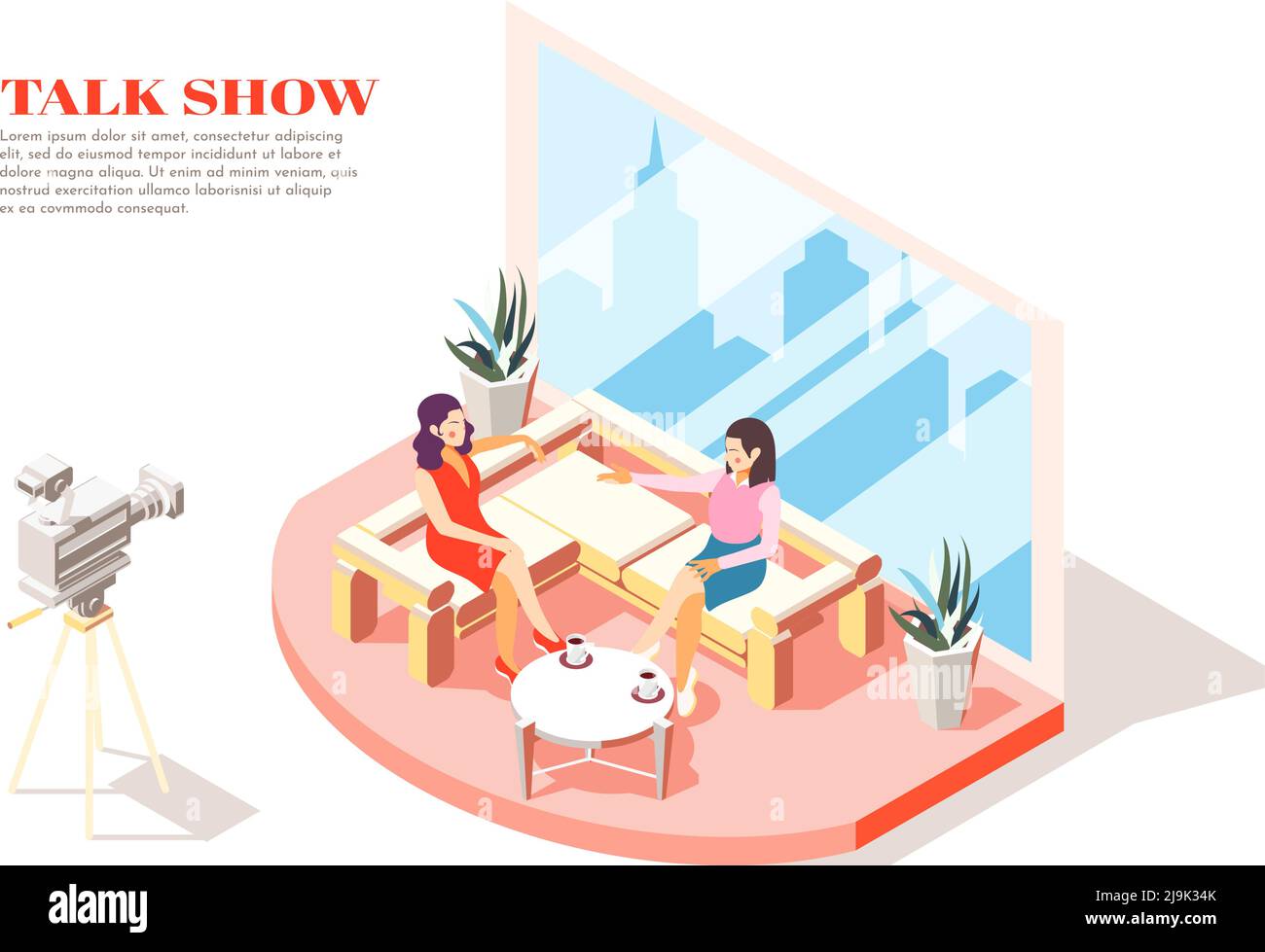 Talk show hostess and guest in studio isometric background 3d vector ...