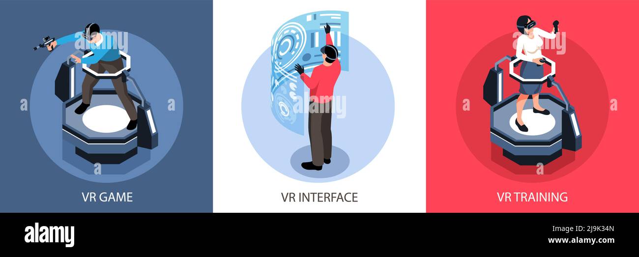 Isometric design concept with virtual reality interface playing and ...