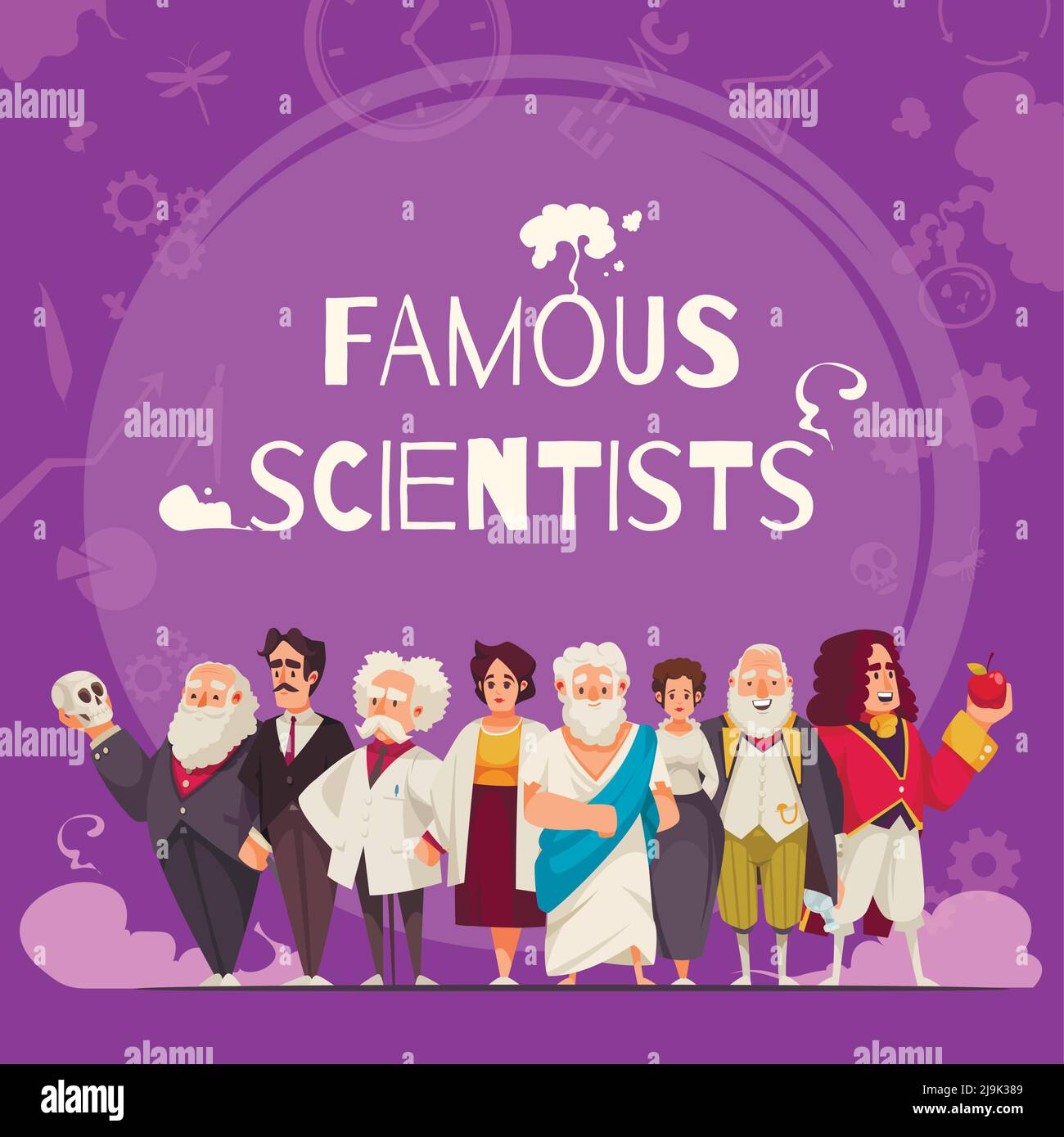 Famous scientists composition with text in round frame science tools ...