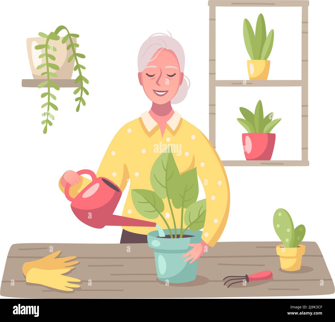 Hobby cartoon composition with female character of elderly woman caring ...