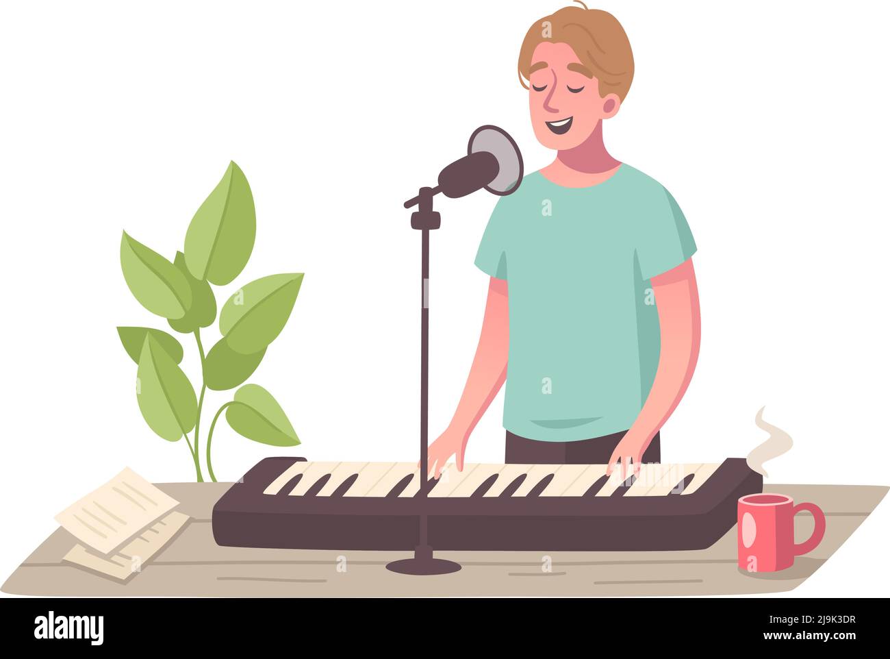 Hobby cartoon composition with male character playing keys singing in ...