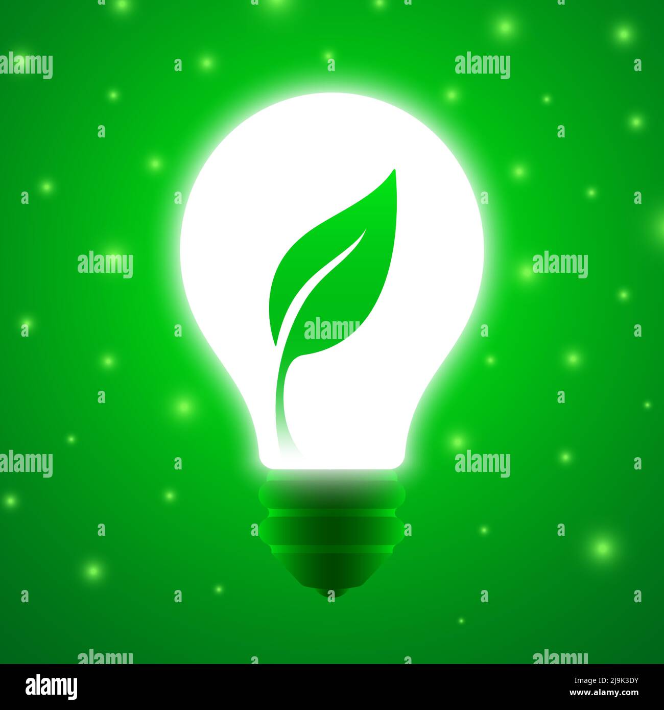Green energy eco light bulb with a growing leaf and magical light sparkles. Ecological ...
