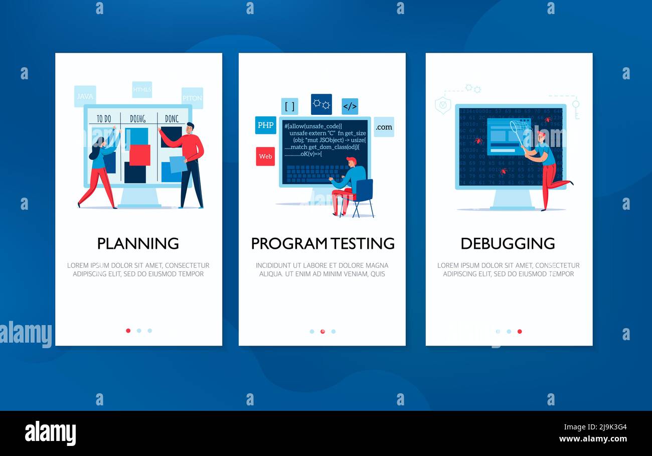 Vertical banners set with programmers planning work testing programs ...