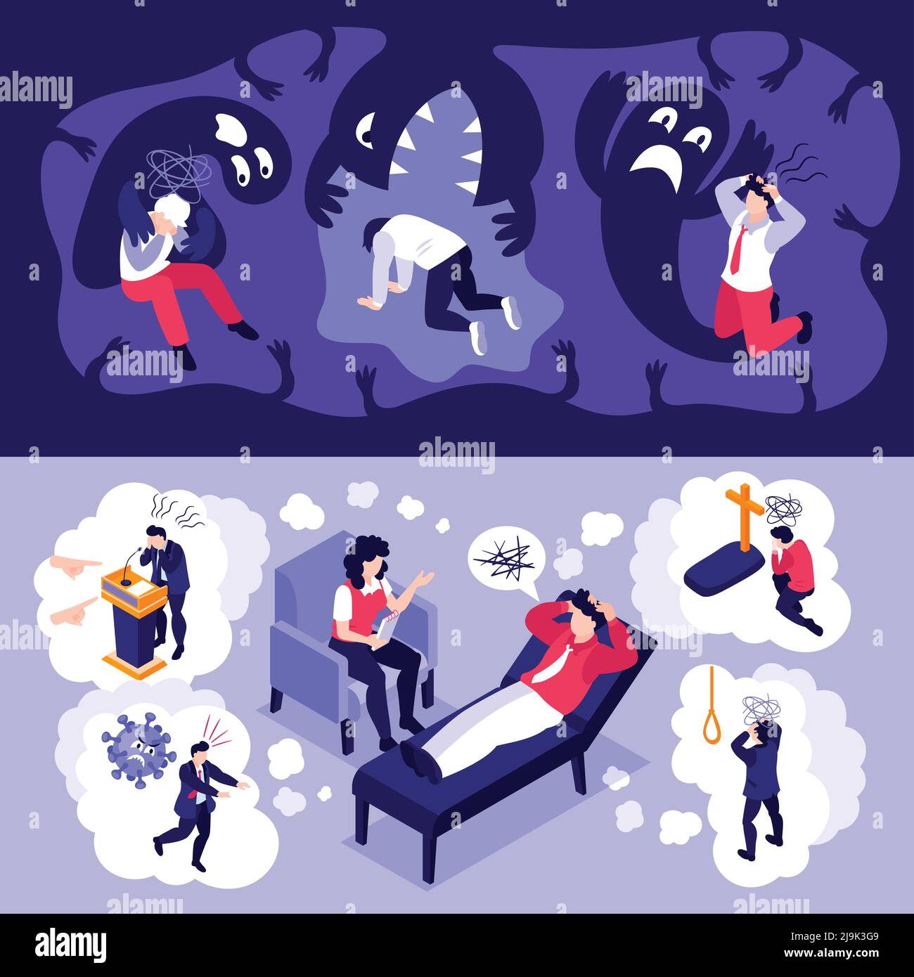 Isometric panic attack people horizontal banners set with suffering ...