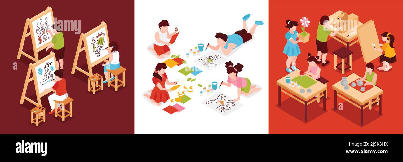 Isometric children art school design concept with compositions of kids ...