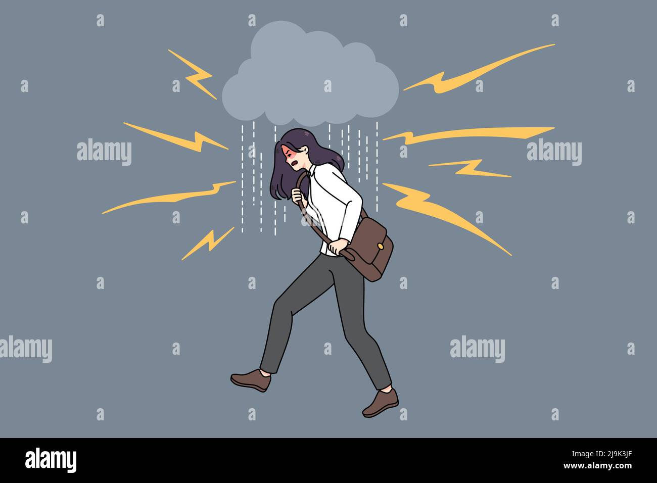 Unhappy young woman surrounded by lightings feeling aggression and rage ...