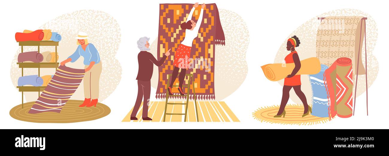 Flat composition set with customers buying carpets and people laying ...