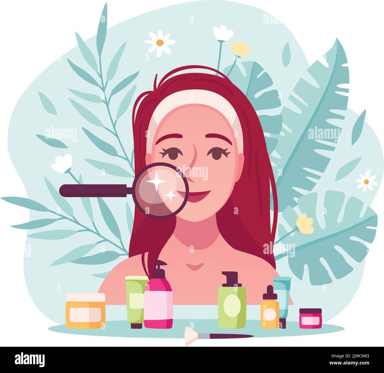 Skincare flat cartoon composition with young woman examining her face ...