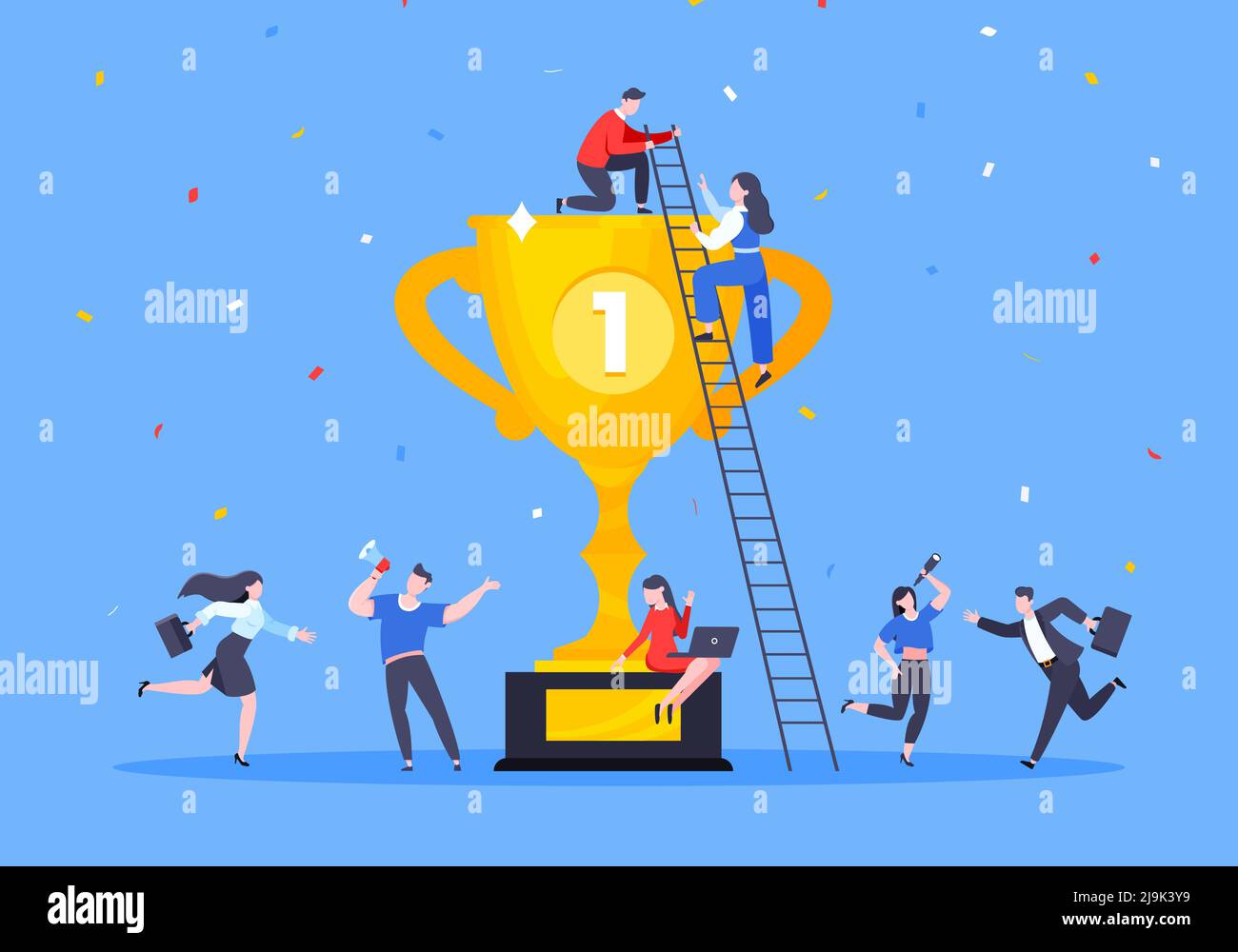 Happy business employee team winners award ceremony flat style design vector illustration ...