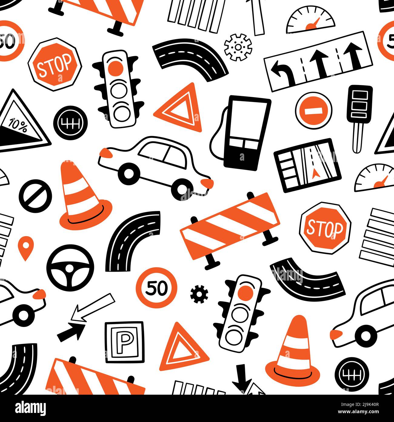 Hand drawn drive symbols seamless pattern. Doodle cars, road objects ...