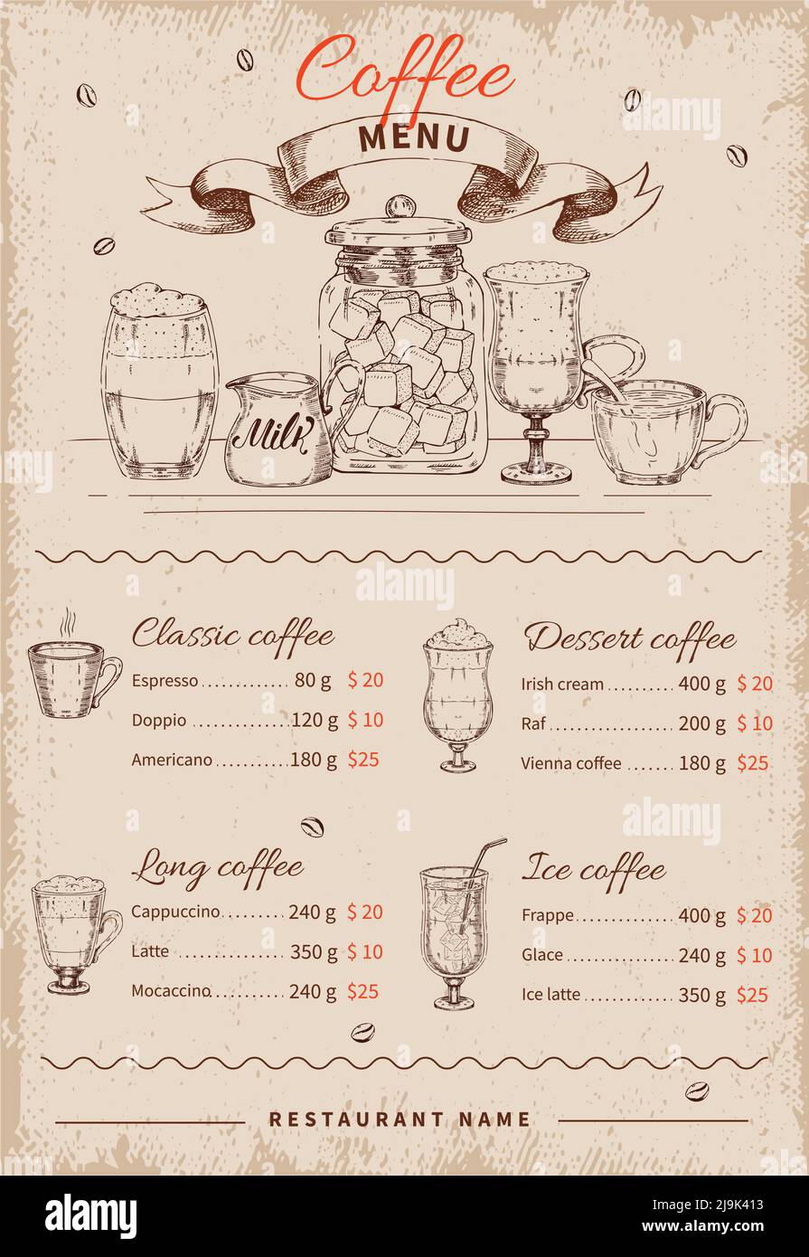 Coffee hand drawn restaurant menu with drinks icons set and price list ...