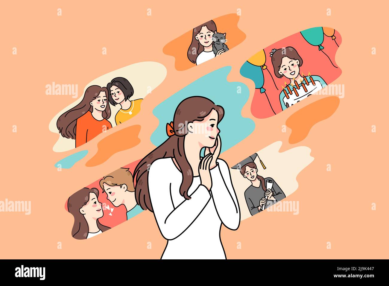 Young woman feel nostalgic remembering different scenes from life ...