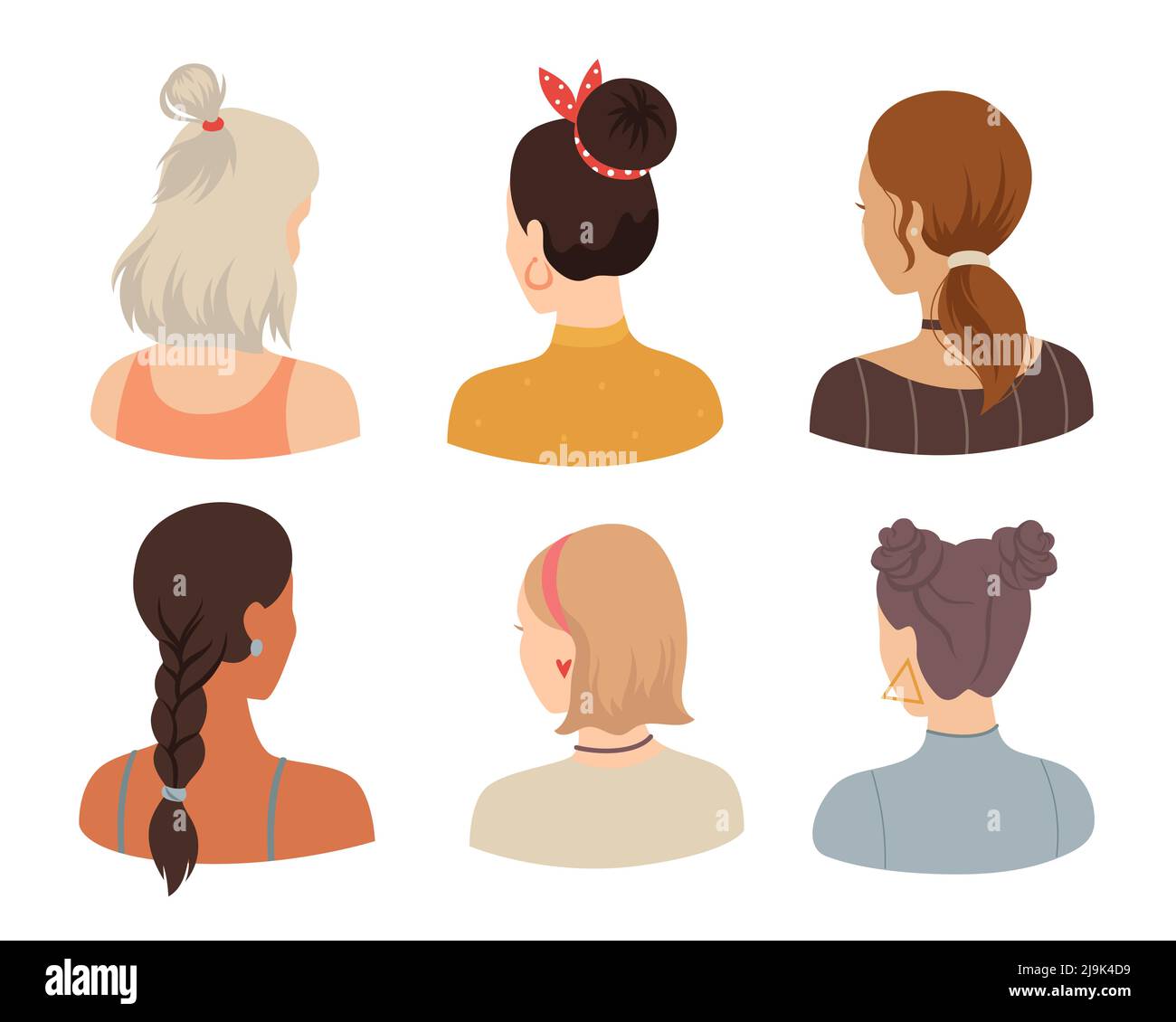 Backs view of female hairstyles flat vector illustrations set ...