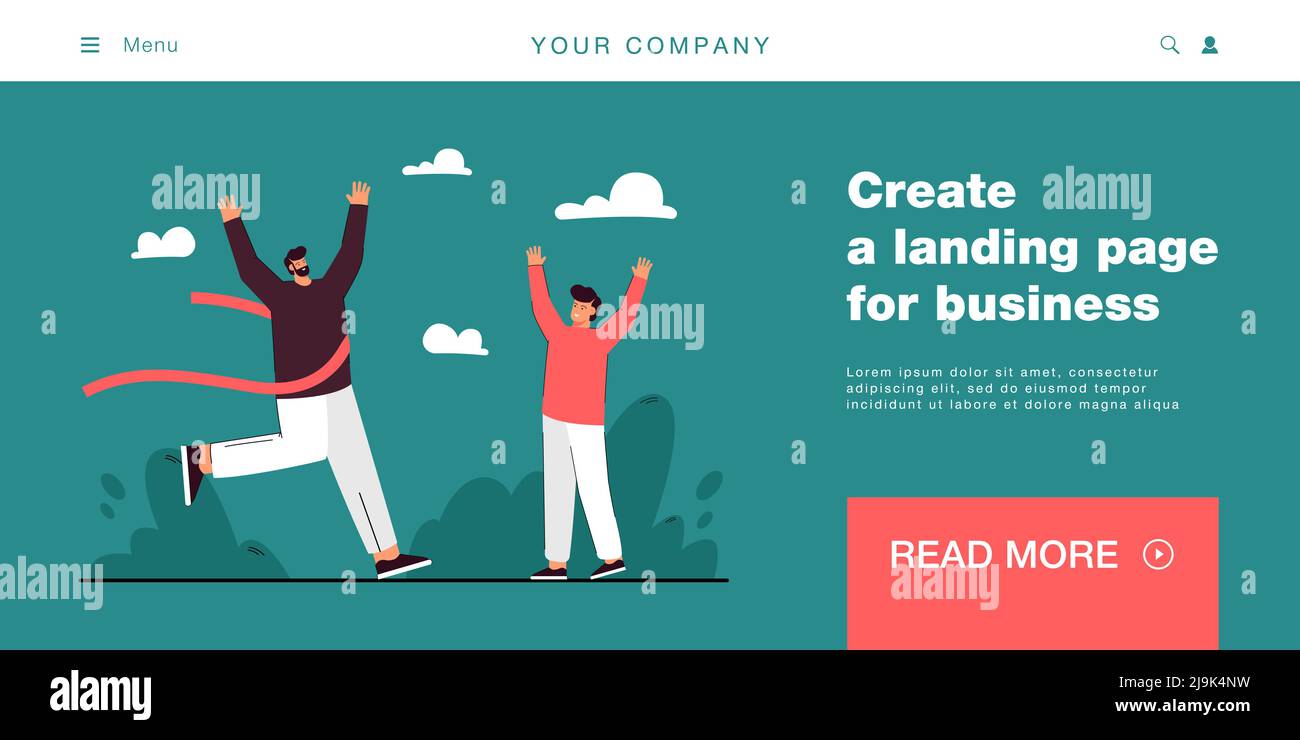 Boy meeting winner crossing finish line and tearing red ribbon. Child ...