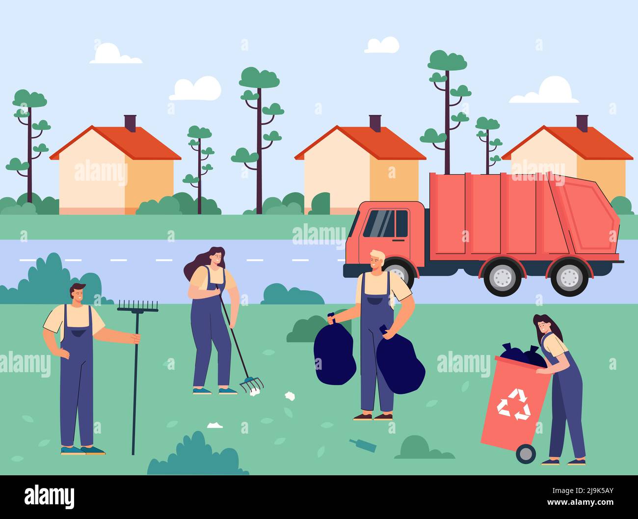 Cartoon street cleaners working near road. City landscape with janitors ...