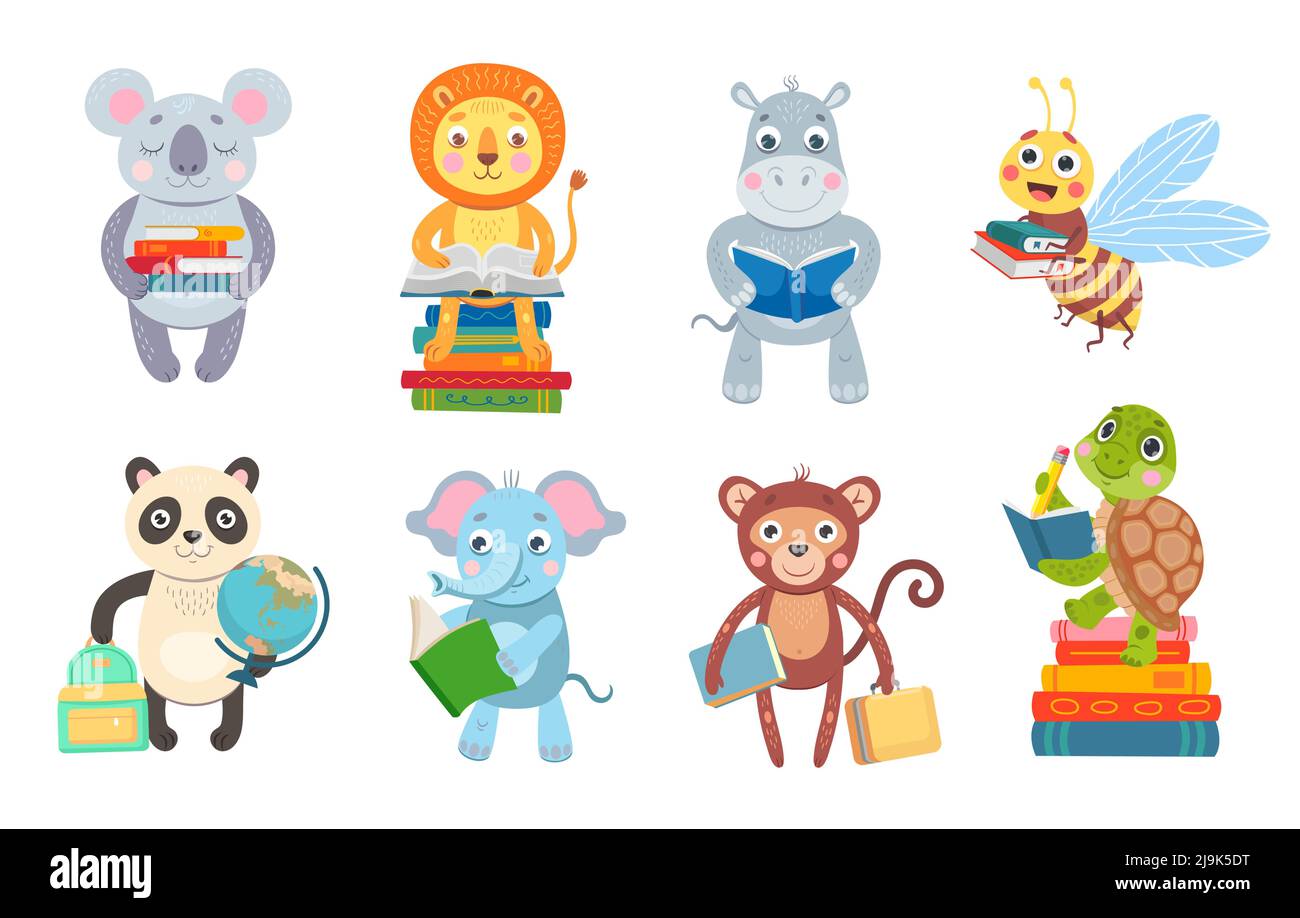Cute animals reading books cartoon illustration set. Smart bee ...