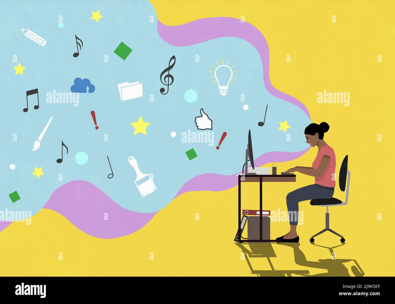 Social media icons floating from woman using computer Stock Photo - Alamy