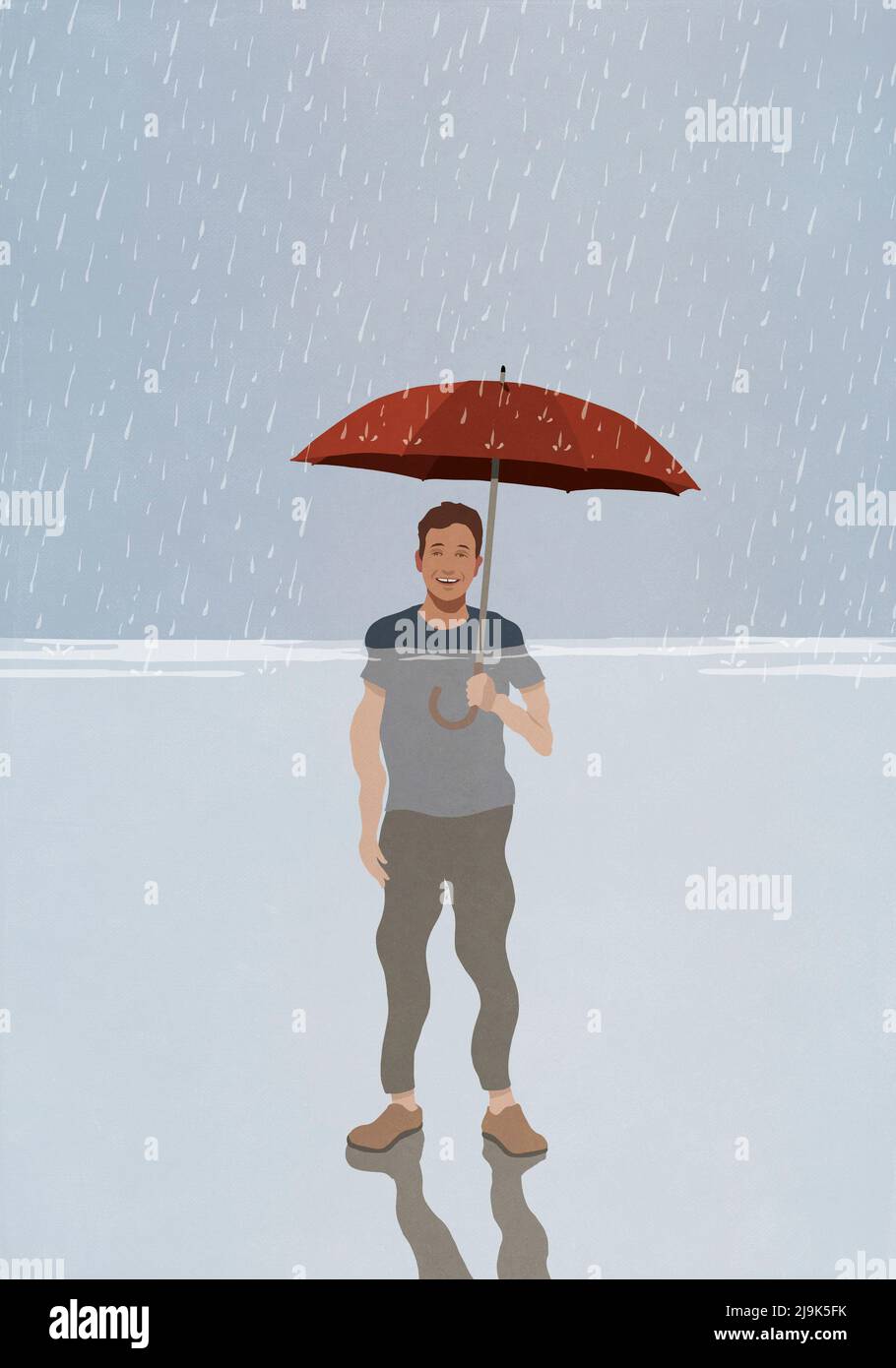 Portrait smiling man with umbrella standing in rain and flood rising ...