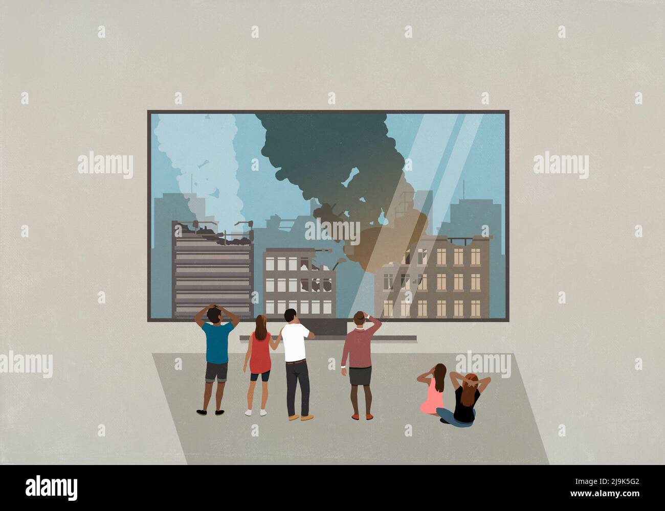 People watching bombed building destruction on television news Stock ...