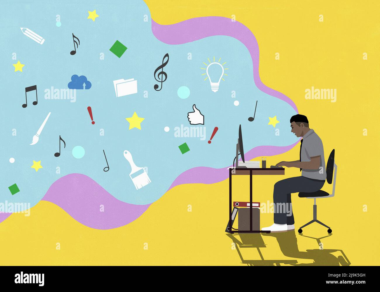 Social media icons floating from man using computer Stock Photo - Alamy