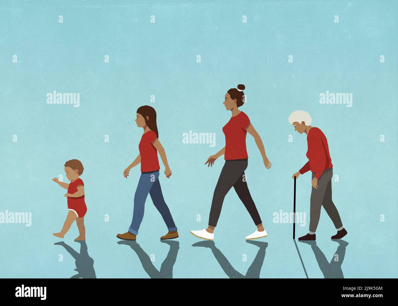 Multigenerational females in red walking in a row Stock Photo - Alamy
