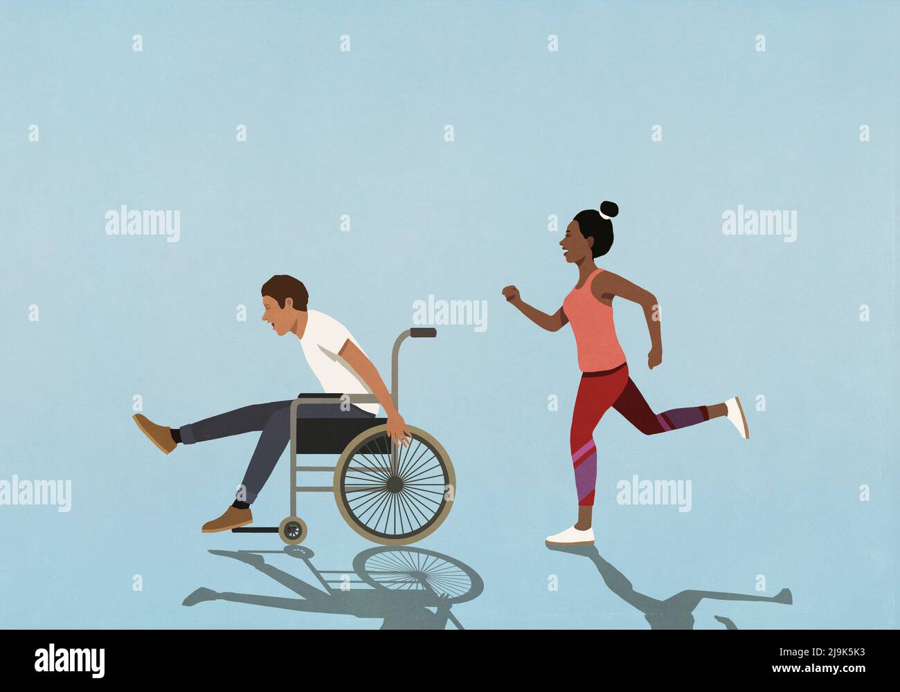 Wife running, chasing happy husband in wheelchair Stock Photo - Alamy