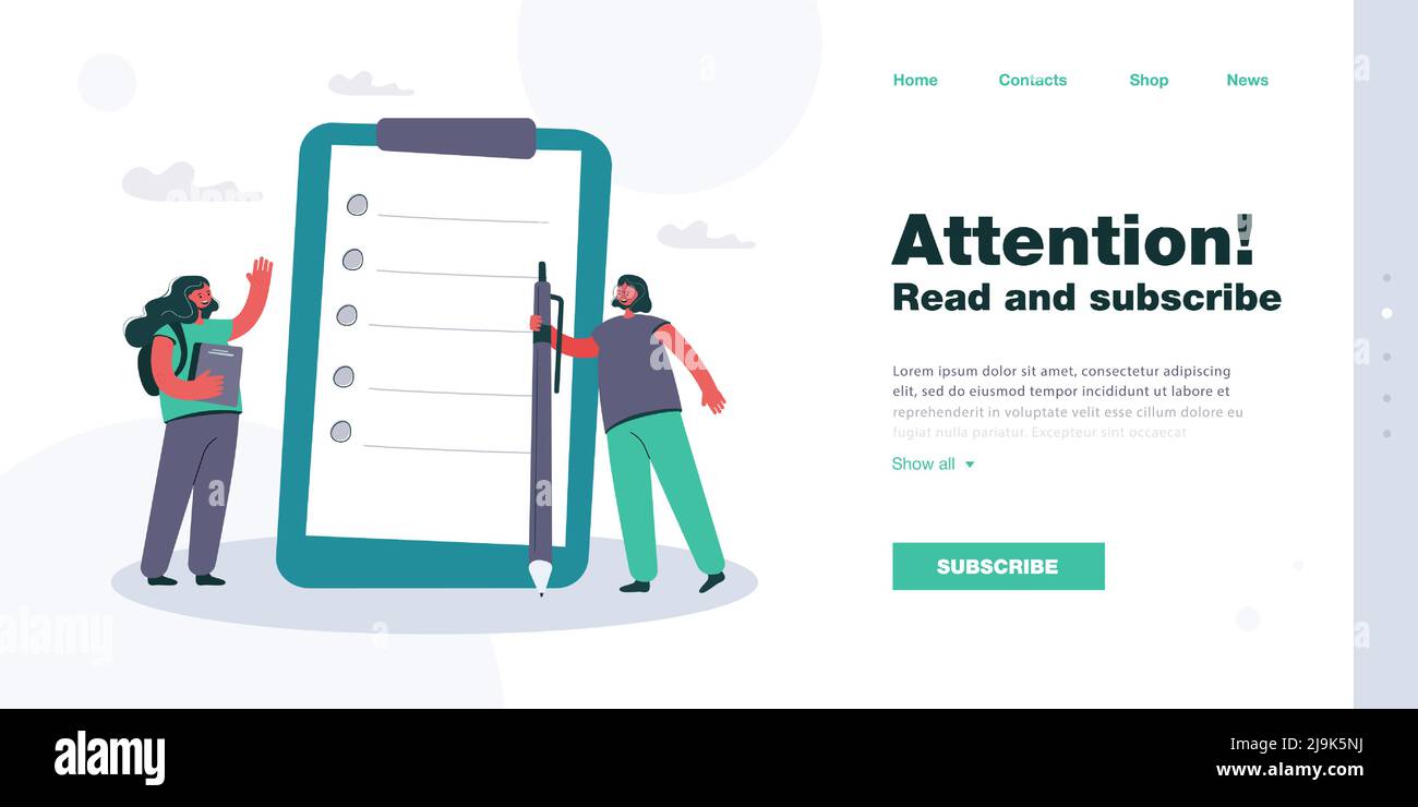 Cartoon schoolgirls standing next to huge checklist. Students taking ...