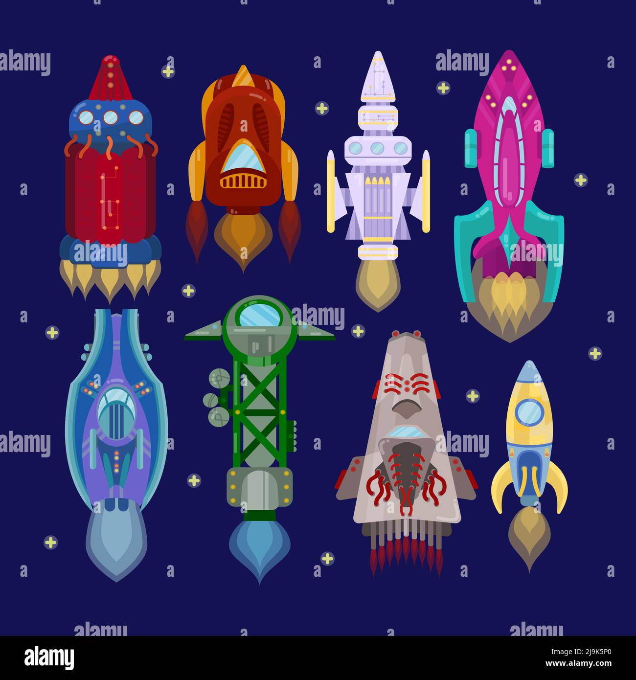Colorful rocket ships cartoon illustration set. Various shapes UFO ...